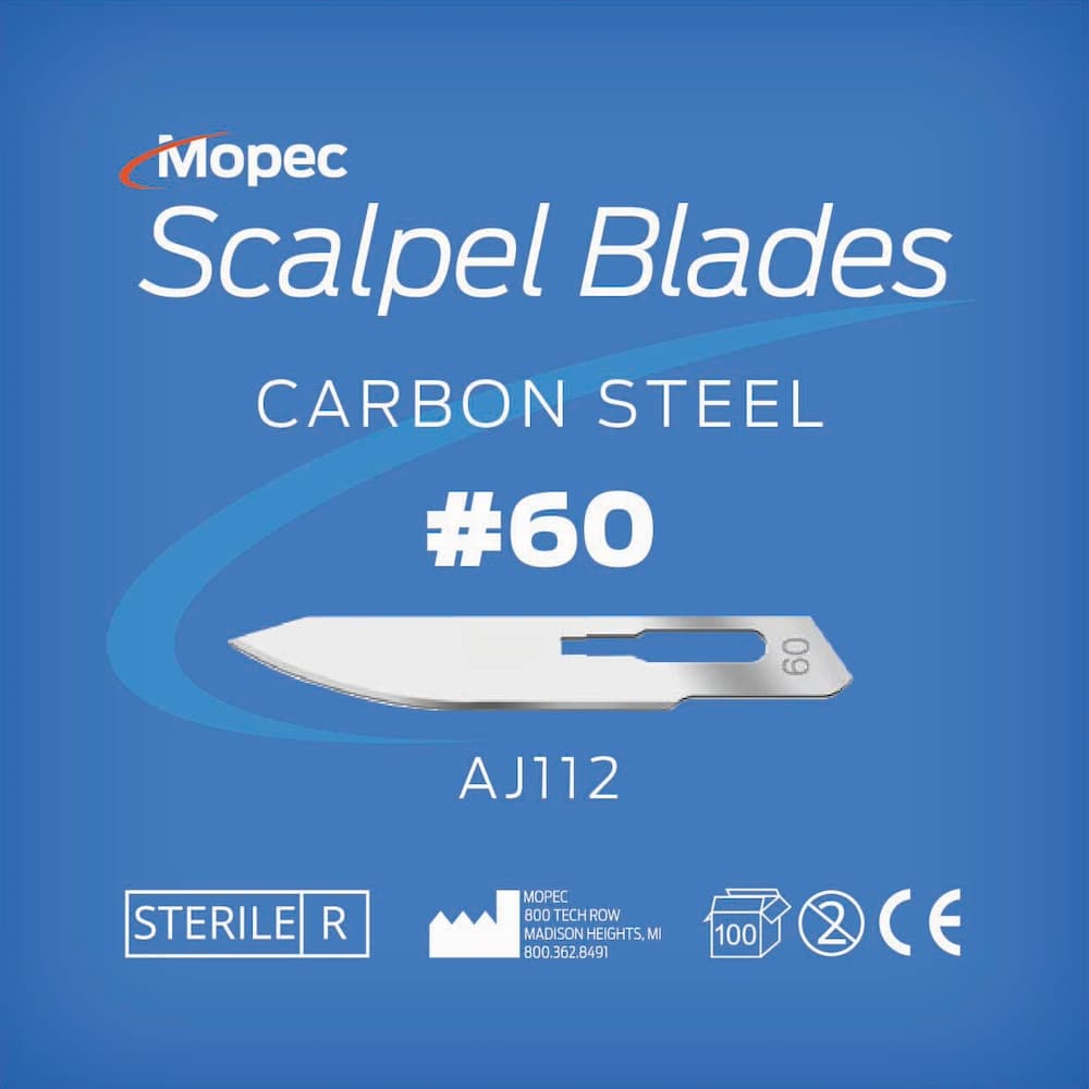 #60 Scalpel Blades, Carbon Steel, Sterile, 100 Pack - AJ112 | Mopec