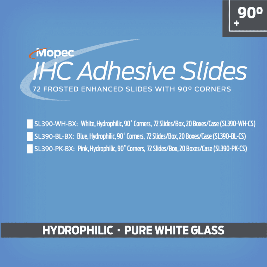 Microscope Slides, IHC, SuperWhite Glass, Hydrophilic, 90 Corners, Box of 72 | Mopec